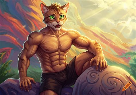 Muscular Anthropomorphic Cat With Green Eyes Against A Bright Colorful