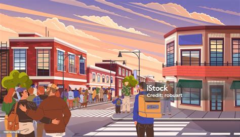 대중 교통 정류장의 큰 대기열 상점의 긴 줄 거리에 서 있는 큰 상자를 든 배달원 줄서서 기다림에 대한 스톡 벡터 아트 및 기타 이미지 줄서서 기다림 사람들 고객