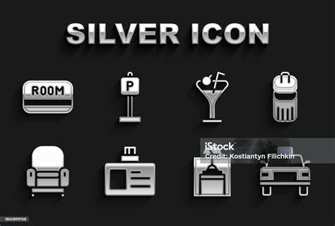 신분증 배지 쓰레기통 택시 차량 리프트 안락 의자 마티니 유리 호텔 키 카드 및 주차 아이콘을 설정합니다 벡터 가구에 대한 스톡