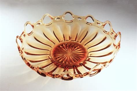 Fostoria Glass Bowl Colonial Prism Amber Depression Glass Centerpiece Ribbed Lace Edge
