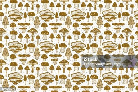 숲 버섯 패턴 텍스처 배경 포장 설계 잉크 벡터입니다 황금 흑백 디자인 식물학 자연 가을에 대한 스톡 벡터 아트 및 기타 이미지