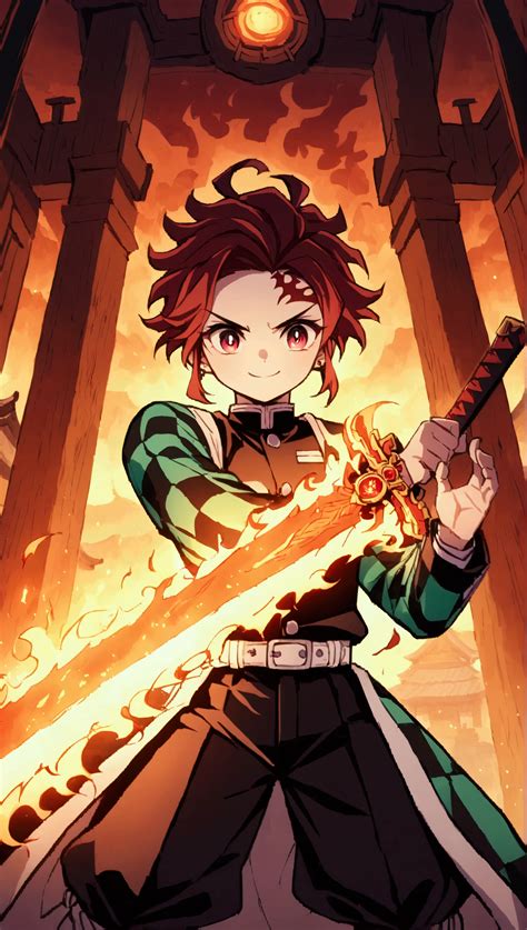 Anime Style Image Of A Young Man Holding A Sword In Front Of A Fire