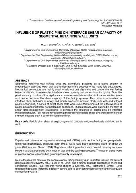 Pdf Influence Of Plastic Pins On Interface Shear Capacity Of Segmental Retaining Wall Units