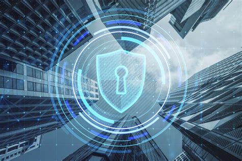 Creative Glowing Blue Shield Hologram On Blurry City Background Secure Safety Database And
