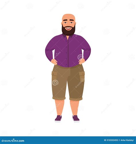 Fat Bald Happy Man Standing With Arms Akimbo Male Character With Big