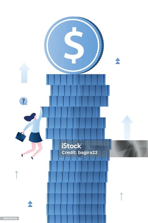 자신감 있는 사업가는 부를 향해 동전 더미를 올라갑니다 경력 사다리 성공 및 높은 수입을 향한 단계 이익의 상징으로 위에 달러 동전 기업 계층 구조 개념에 대한 스톡 벡터
