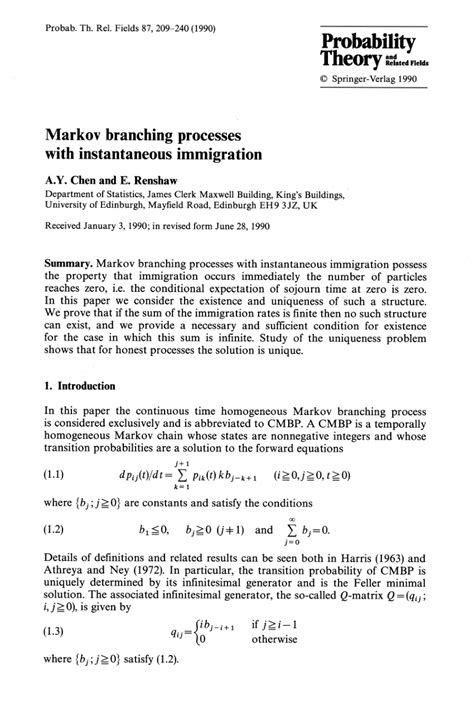 Download Pdf Markov Branching Process With Instantaneous Immigration