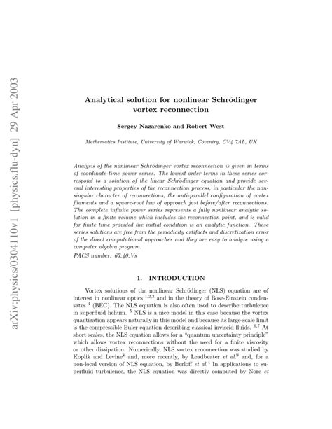 Pdf Analytical Solution For Nonlinear Schrödinger Vortex Reconnection