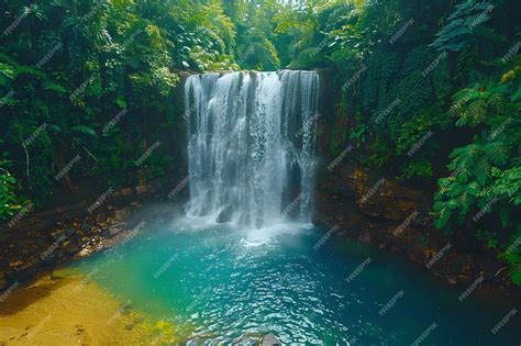 Aerial View Of A Majestic Waterfall In A Lush Green Forest Premium Ai