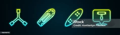 세트 라인 스케이트 보드 Y 도구 갑판 롱 보드 또는 스케이트 보드와 T 빛나는 네온 아이콘 벡터 개인 장식품에 대한 스톡 벡터 아트 및 기타 이미지 Istock