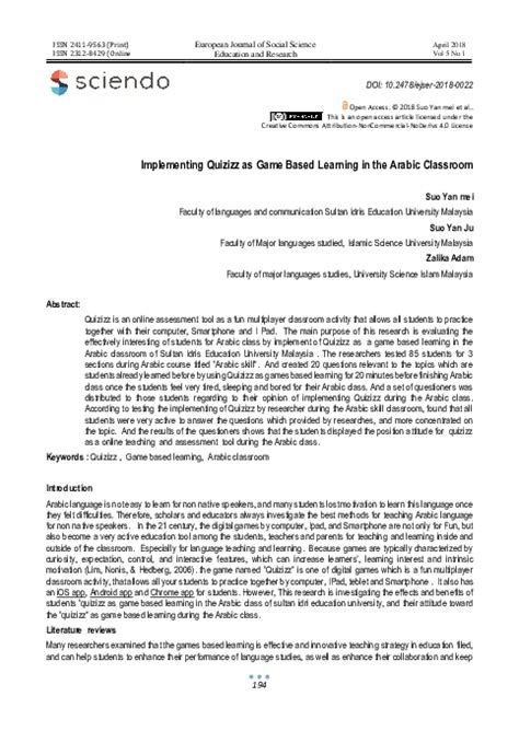 Pdf Implementing Quizizz As Game Based Learning In The Arabic Classroom