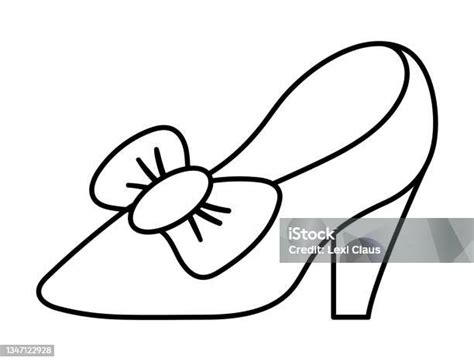 언덕과 활 아이콘 벡터 흑백 여성 슬리퍼 흰색 배경에 고립 된 동화 라인 신발 일러스트 레이션 만화 동화 공주 발 착용 또는