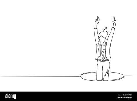 Single One Line Drawing Businesswoman Fell Into Manhole Underground