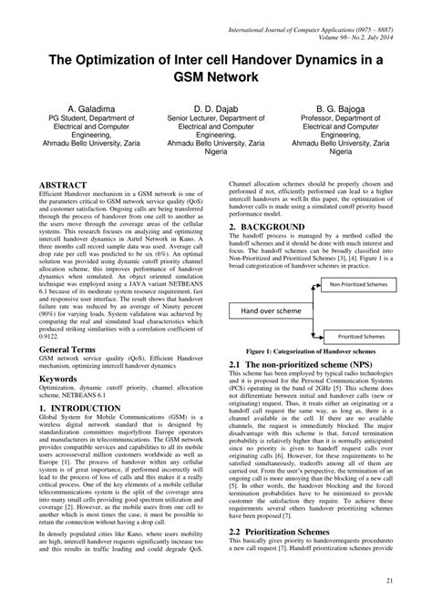 Pdf The Optimization Of Inter Cell Handover Dynamics In A Gsm Network