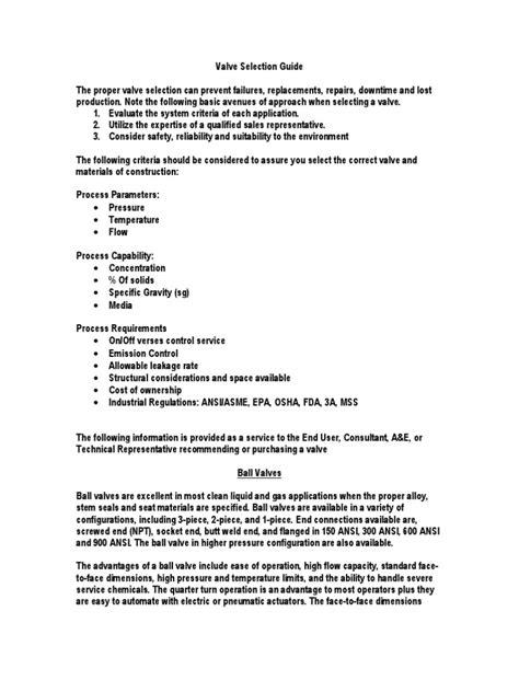 Valves Selection Guide Pdf Valve Chemical Engineering