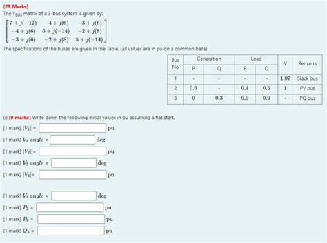 Solved 25 Marks The Ybus Matrix Of A 3 Bus System Is