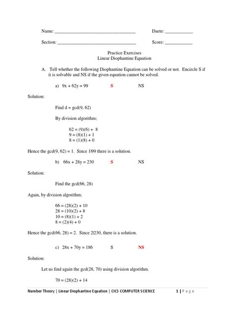 Number Theory Linear Diophantine Equation Cics Computer Science 1 Pdf Equations Number