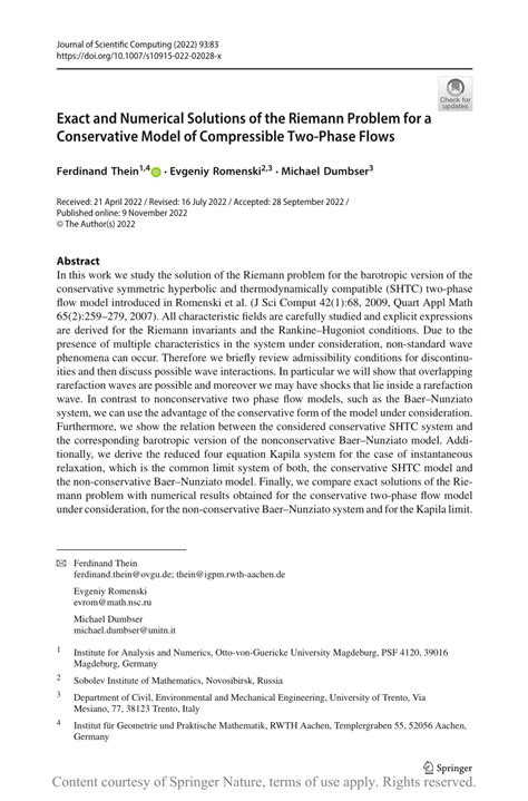 Pdf Exact And Numerical Solutions Of The Riemann Problem For A Conservative Model Of