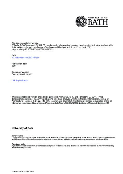 Pdf Three Dimensional Analysis Of Masonry Vaults Using Limit State Analysis With Finite Friction