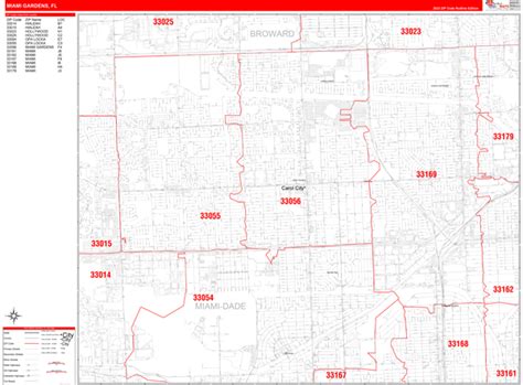 Miami Gardens Florida Zip Code Wall Map Red Line Style By Marketmaps