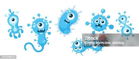 만화 바이러스 박테리아 미생물과 세균 캐릭터의 세트는 재미 미소 얼굴 분리된 청색 병원체 세포 개체 그룹에 대한 스톡 벡터 아트 및 기타 이미지 Istock