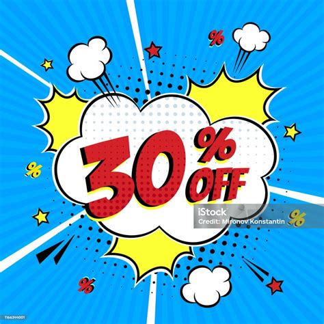 만화 문자 30 할인 Sale 에서 연설 버블 만화 스타일 플랫 디자인 광선 배경에 고립 된 복고풍 빈티지 팝 아트 일러스트레이션 느낌표 스티커 또는 라벨 상점이나 상점