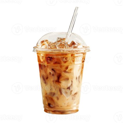 Iced Coffee In Clear Plastic Cup With Ice And Straw 70398068 Png