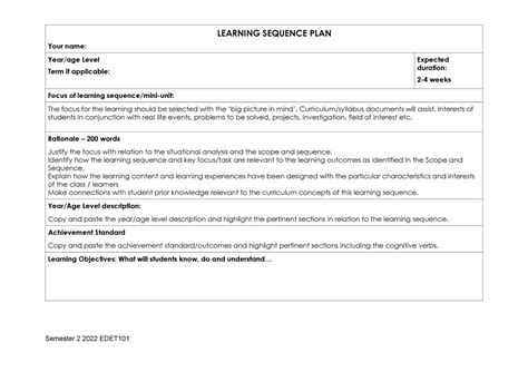 Learning Sequence Planning Template Edet101 Sem 2 2022 Learning