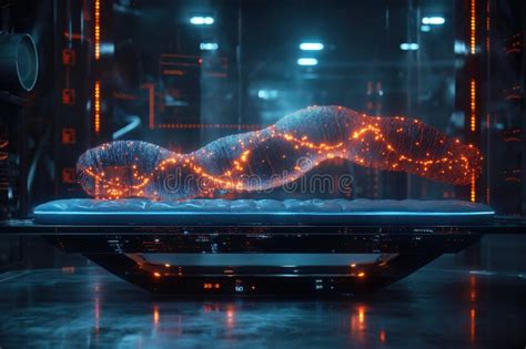 Futuristic Glowing Dna Strand Visualization On High Tech Platform In