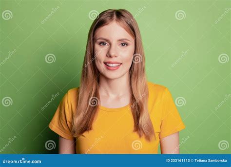 Portrait Of Cheerful Cute Lovely Lady Toothy Beaming Smile Wear Yellow