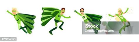 Eco 남자와 여자 슈퍼 히어로 캐릭터 케이프 벡터 세트와 녹색 의상 구조에 대한 스톡 벡터 아트 및 기타 이미지 구조 근육질 체격 기민 Istock