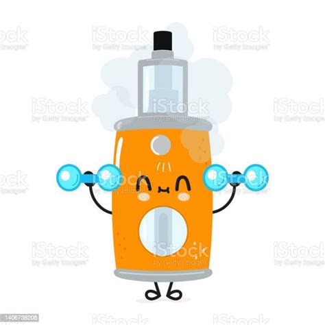 덤벨과 귀여운 재미있는 Vape 캐릭터 벡터 손으로 그린 만화 카와이 캐릭터 일러스트 레이 션 아이콘 흰색 배경에 고립되어 있습니다 Vape 캐릭터 체육관 개념 0명에 대한