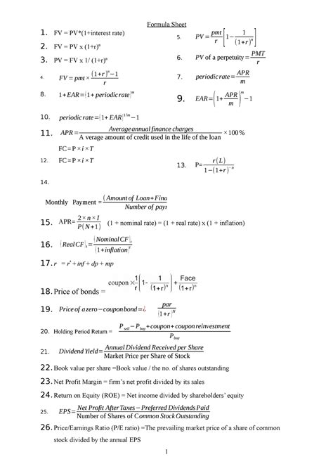 Final Exam Formula Sheet Formula Sheet 1 Fv Pv 1 Interest Rate 2
