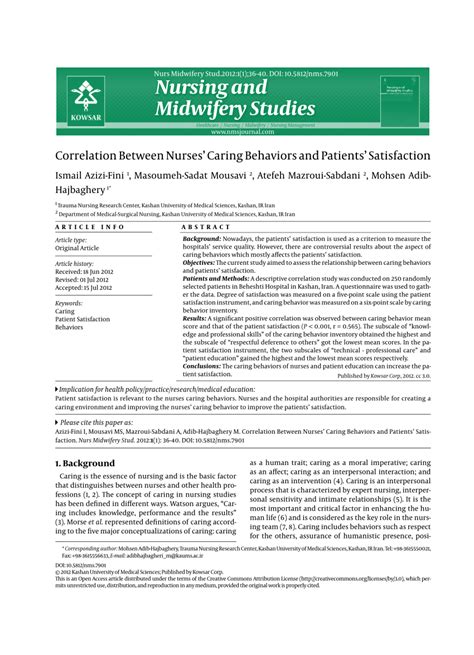 Pdf Correlation Between Nurses Caring Behaviors And Patients Satisfaction