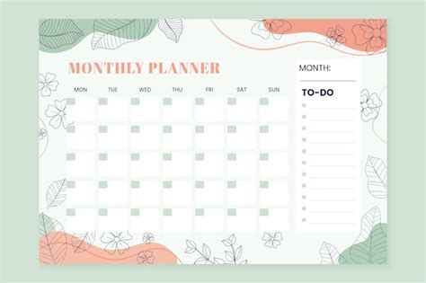 Нарисованный вручную шаблон ежемесячного планировщика на 2024 год с листьями и растительностью