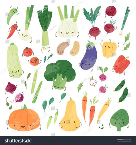 Pretty Collection Cartoon Vegetable Characters Isolated เวกเตอร์สต็อก