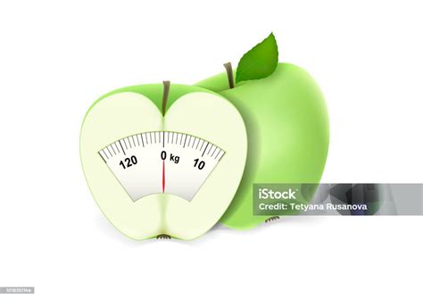 흰색 배경 수평 벡터 일러스트 레이 션에 고립 된 무게의 규모와 1 및 절반 녹색 사과 0명에 대한 스톡 벡터 아트 및 기타