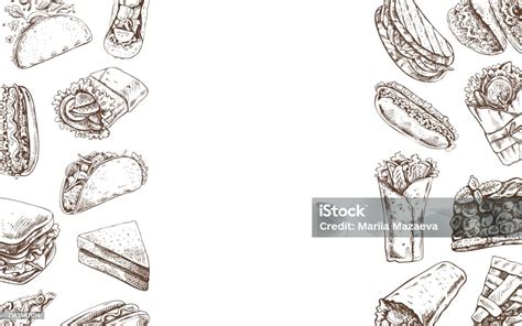 길거리 음식 테이크아웃 음식 패스트 푸드 정크 푸드의 손으로 그린 흑백 스케치 햄버거 핫도그 부리 토 타코 세트 메뉴에 좋습니다 길거리 음식에 대한 스톡 벡터 아트 및 기타
