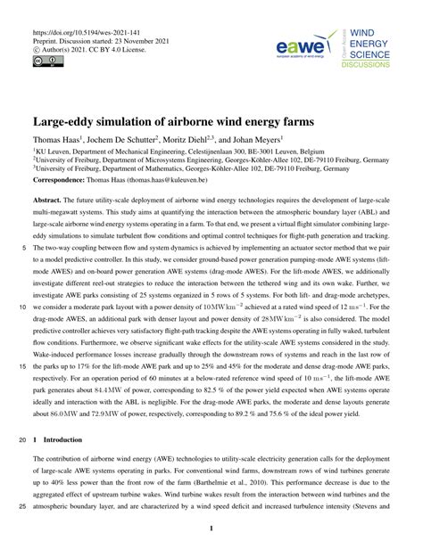 Pdf Large Eddy Simulation Of Airborne Wind Energy Farms