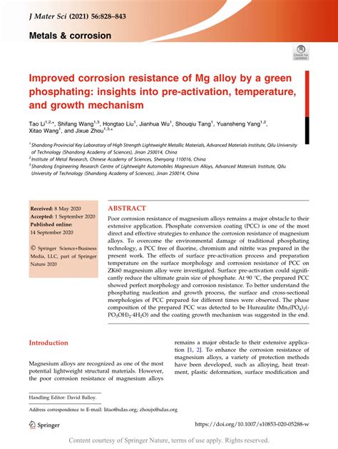 Improved Corrosion Resistance Of Mg Alloy By A Green Phosphating Insights Into Pre Activation