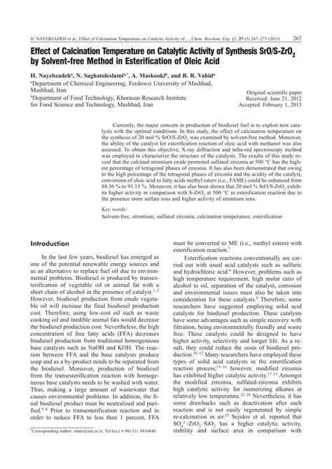 Pdf Effect Of Calcination Temperature On Catalytic Activity Of Synthesis Sros Zro2 By Solvent