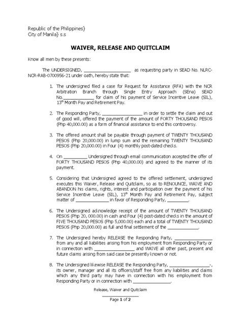 Waiver Release And Quitclaim Republic Of The Philippines City Of
