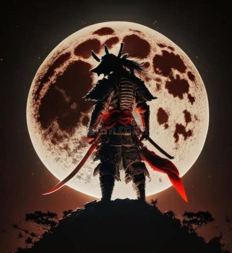 Japanese Proud Assassin Against The Backdrop Of A Fantastic Moon Stock
