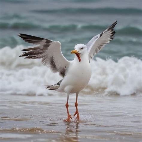 A Seagull Is Standing In The Water With Its Wings Open Premium Ai