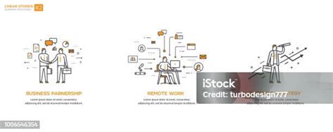선형 평면 디자인 얇은 선 벡터 일러스트 레이 션입니다 비즈니스 프로세스 및 협력 개념 거래 원격 작업 전략 목표 설정 계획 개념에 대한 스톡 벡터 아트 및 기타 이미지