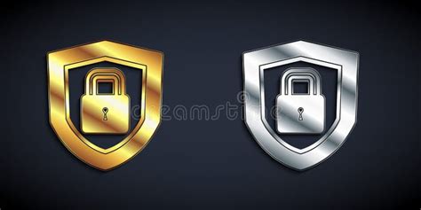 Gold And Silver Shield Security With Lock Icon Isolated On Black Background Protection Safety