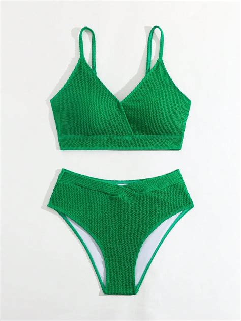 Teenage Girls New Fashion Green Special Fabric Halter Top And Triangle Pant Separated Bathing