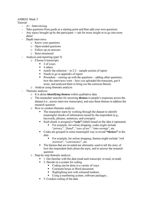 Amb201 Week 3 Week 3 Lecture Notes Amb201 Week 3 Tutorial A1