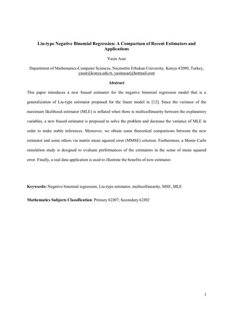 Pdf Liu Type Negative Binomial Regression A Comparison Of Recent