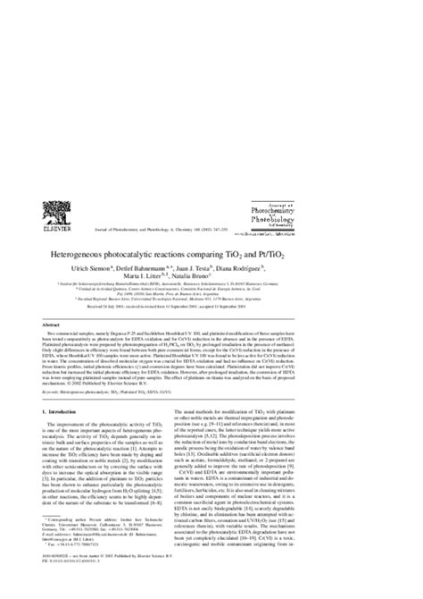 Pdf Heterogeneous Photocatalytic Reactions Comparing Tio2 And Pt Tio2